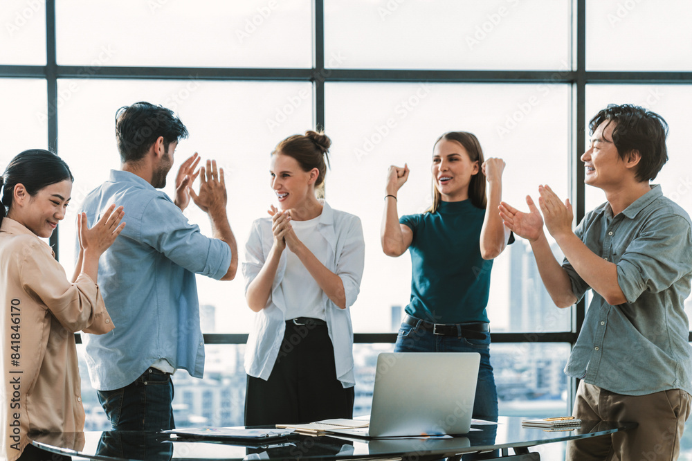 Portrait of diverse professional start up project team celebrate their ...