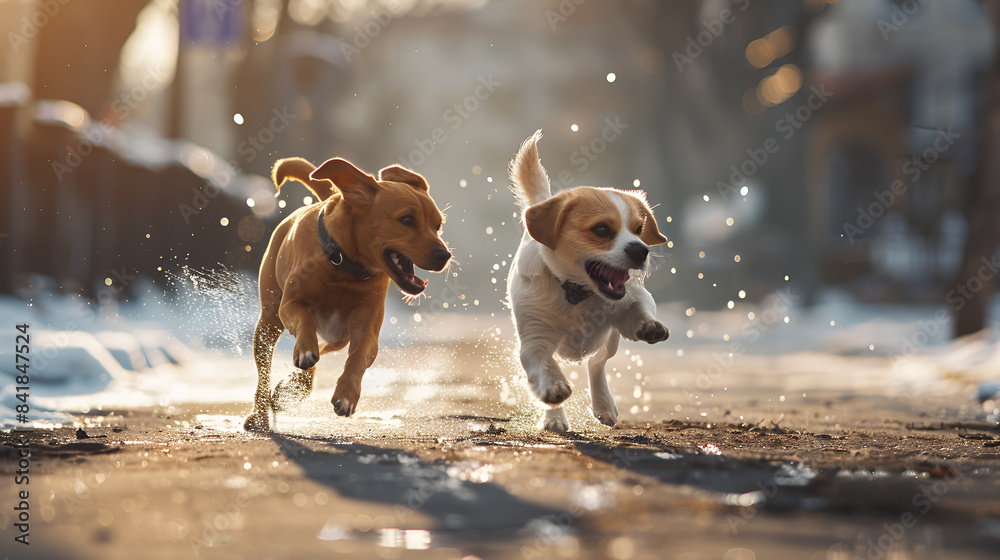 dos perros traviesos y juguetones cachorros pequeños libres corriendo ...