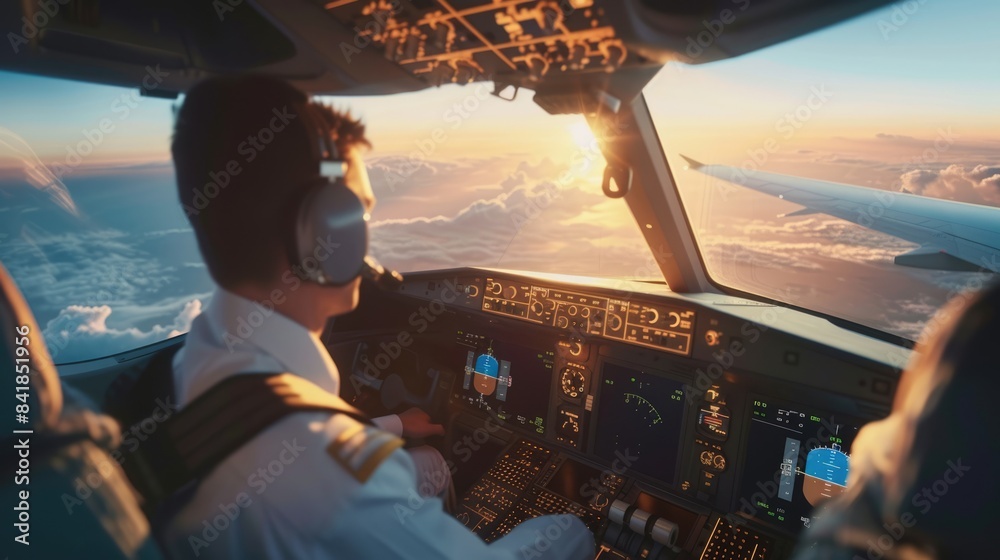 Confident professional pilot flying aircraft while sitting at plane ...