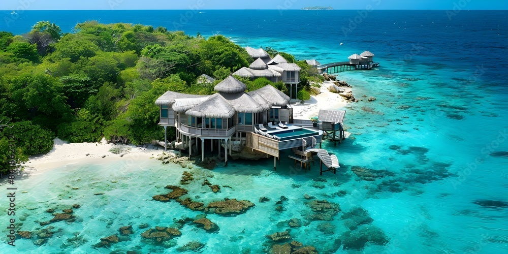 ภาพประกอบสต็อก Secluded beach getaway with private villas and overwater ...