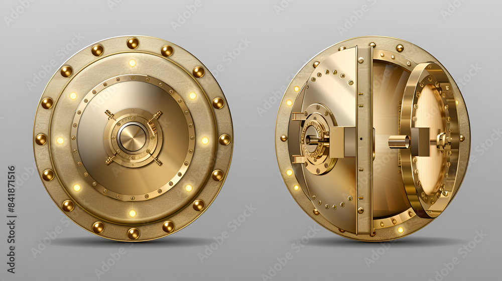 Gold safe door, round bank vault gate with lock. Vector realistic set ...