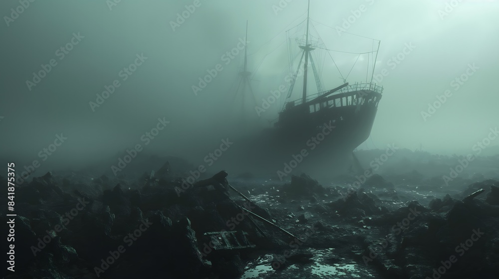 5. Generate a picture of a ghost ship veiled in mist, its silhouette ...