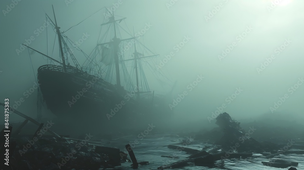 5. Generate a picture of a ghost ship veiled in mist, its silhouette ...