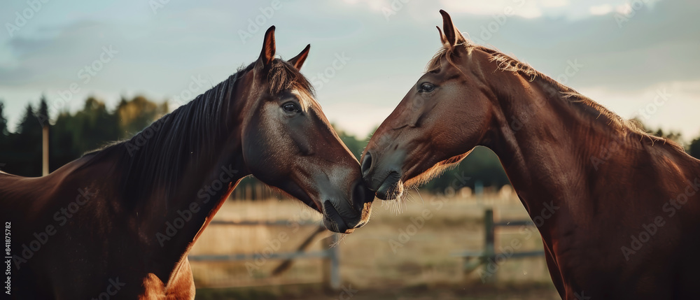 Two horses gently nuzzle each other against a rustic fence backdrop ...