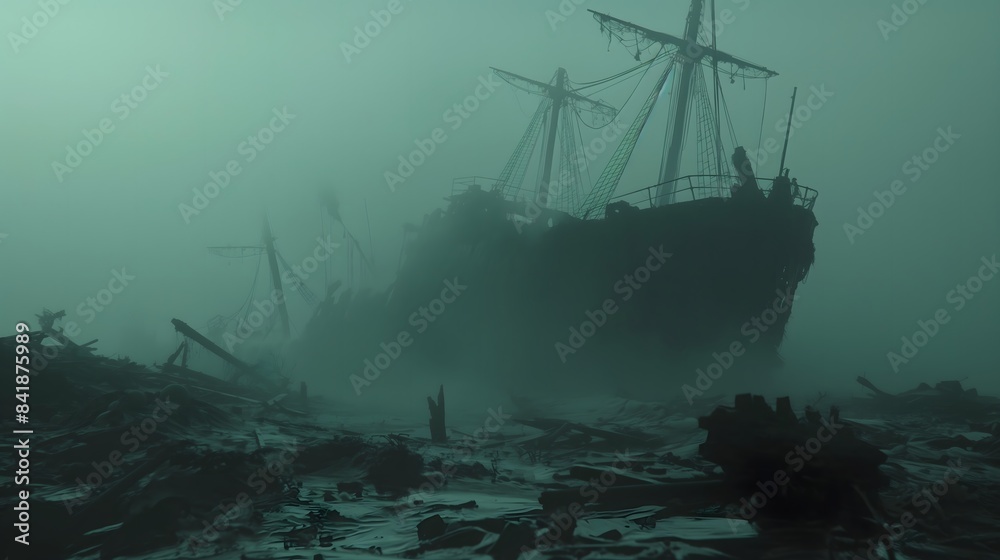 5. Generate a picture of a ghost ship veiled in mist, its silhouette ...