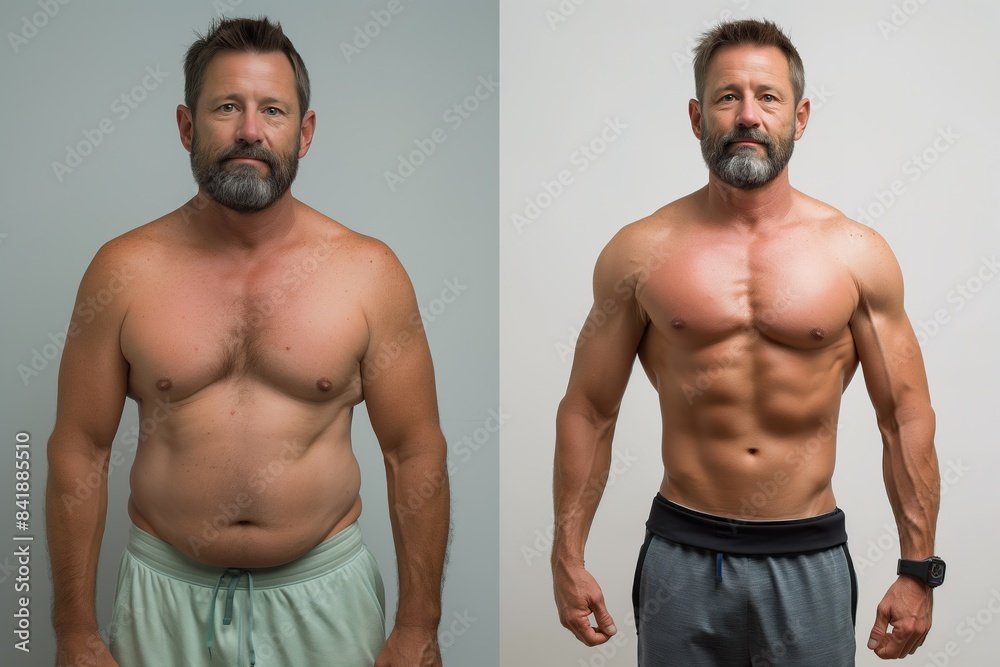 A side-by-side comparison of a mans physique before and after an ...