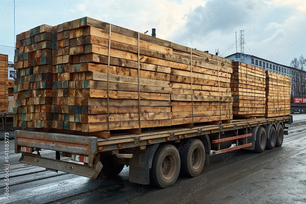 A modern flatbed truck carries a stack of wooden beams secured with ...