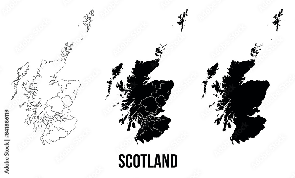 Scotland map of regions districts vector black on white and outline ...