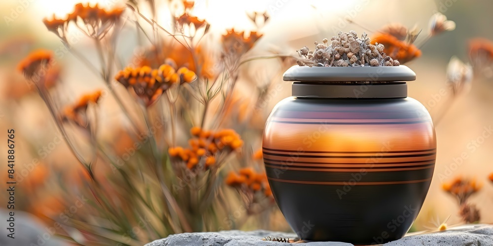 Black memorial urn holding cremated remains as a farewell token at a ...