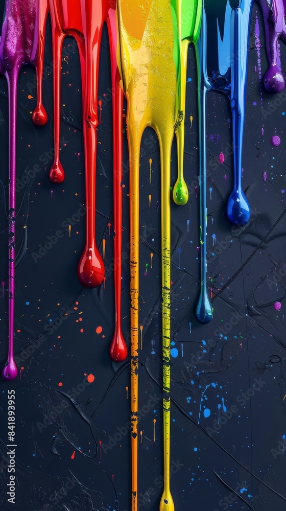 Colorful paints dripping on a black backdrop create a dynamic visual ...