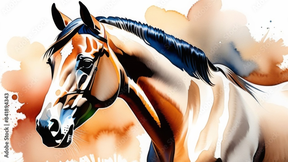 Watercolor horse painting isolated on white background with splash ...