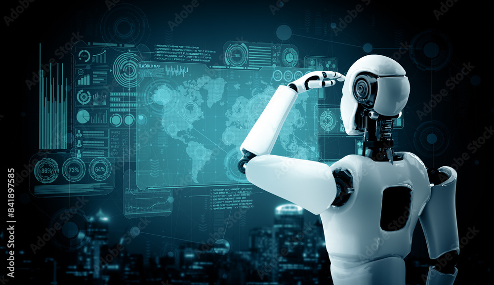 MLP 3d illustration Humanoid AI robot looking at hologram screen ...