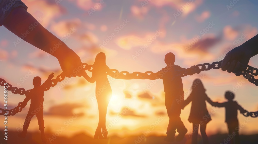 couple hands holding chain of people pictogram over evening sky ...