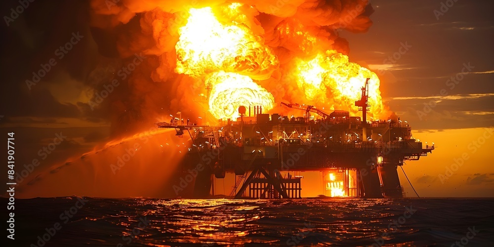 Gas explosion on offshore oil rig at sunset sparks chaotic fire and ...