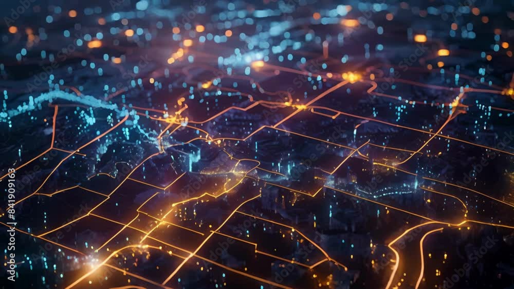 A massive digital map of the energy grid with blinking lights ...
