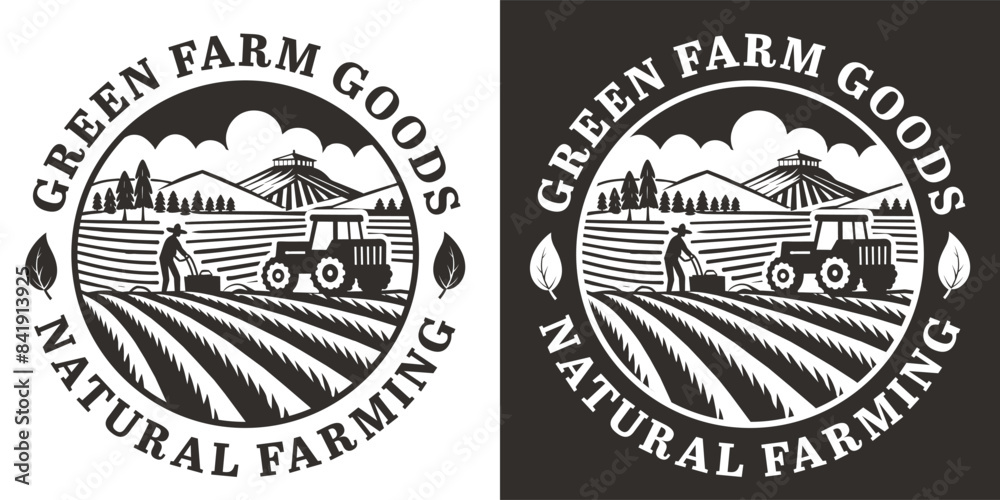 Vintage style linocut emblem showcasing a farm scene with a tractor ...