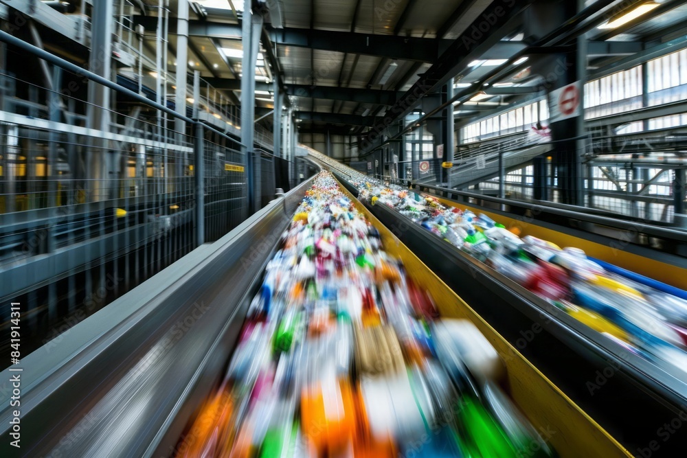 A modern waste sorting center with blur conveyor belts moving different ...