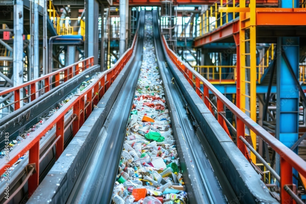 A modern waste sorting center with conveyor belts moving different ...