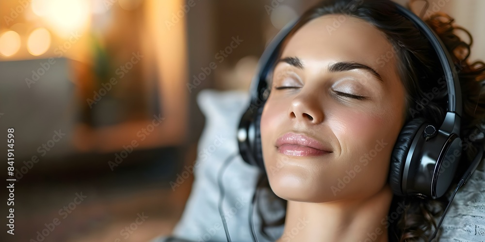 Woman in headset receiving sound therapy for wellbeing and energy ...