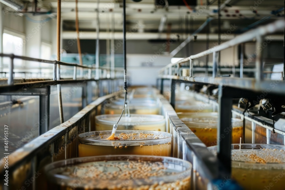 A fish hatchery with rows of incubation tanks filled with fish eggs and ...