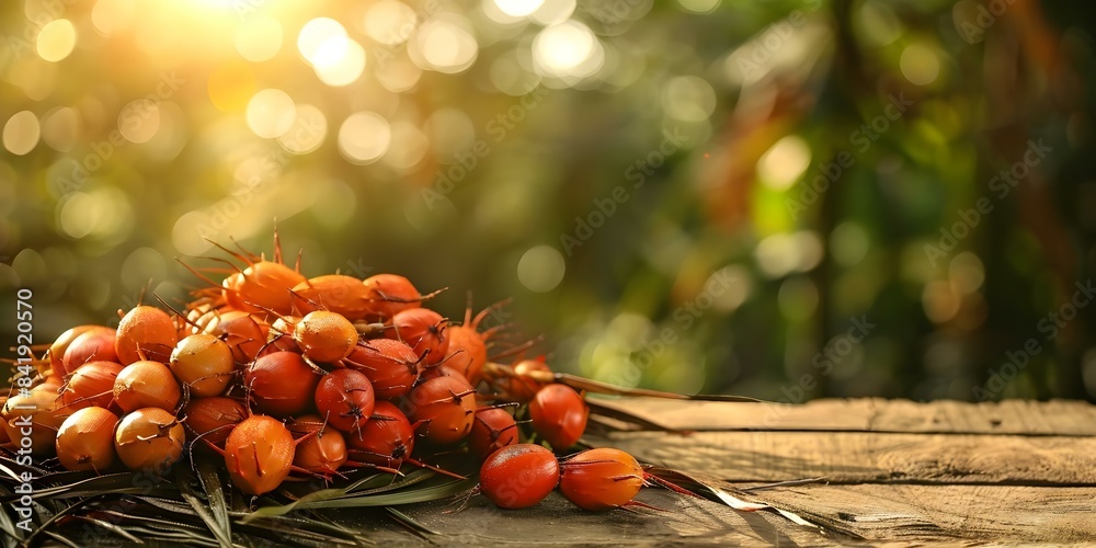 Wooden table with oil palm fruits plantation in background product ...