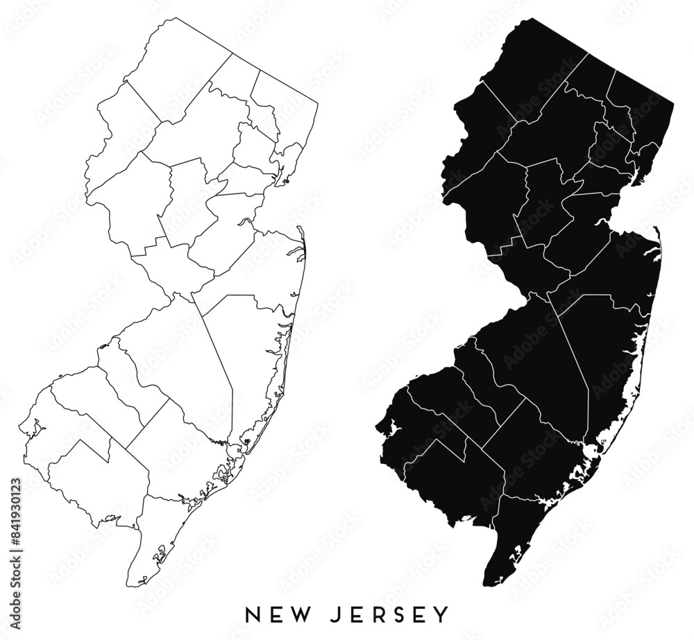 New Jersey state map of regions districts vector black on white and outline Stock Vector | Adobe ...