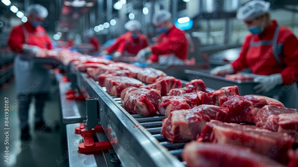 An industrial conveyor belt system in a meat processing plant ...