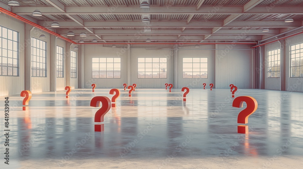 Red question marks scattered in a large empty warehouse with large ...