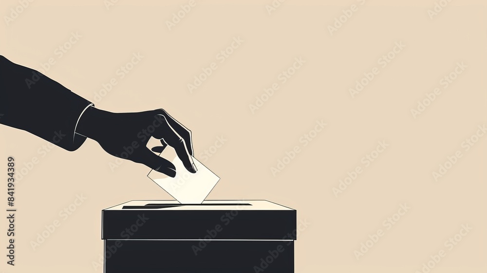 Voting hand silhouette placing a ballot into a box on a beige backdrop ...