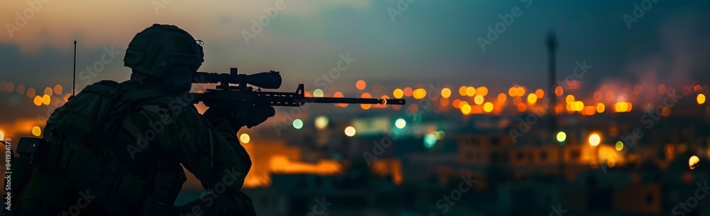 war conflict sniper shooter holding sniper or assault rifle with zoom ...