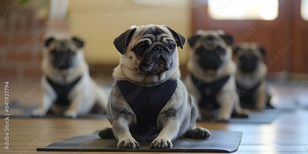 Pugs in athletic attire demonstrate yoga poses highlighting flexibility ...