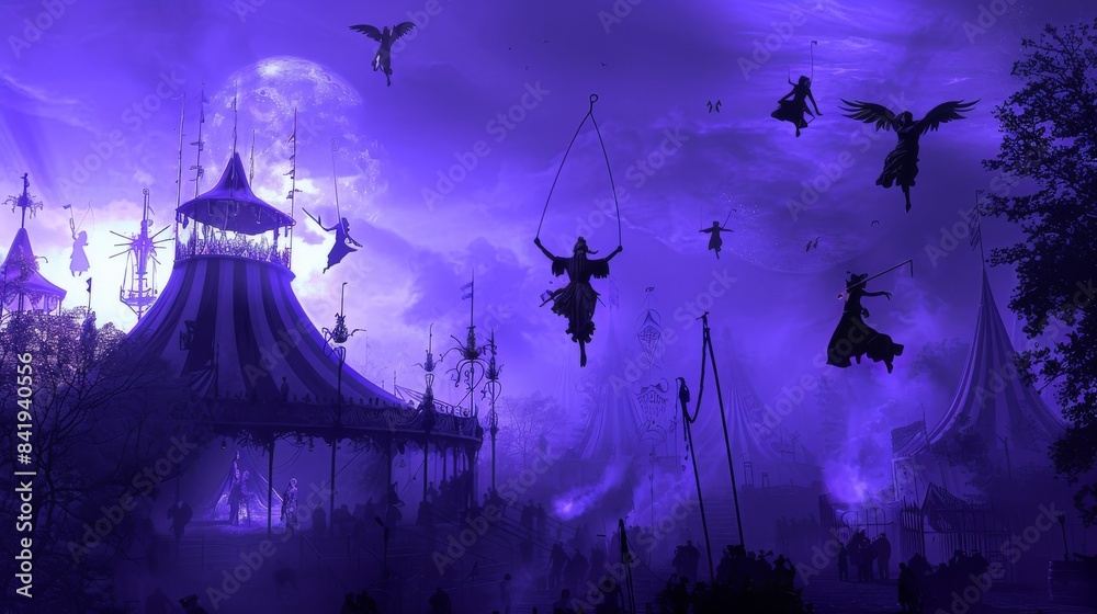 The purple sky with a big moon is filled with many different mystical ...