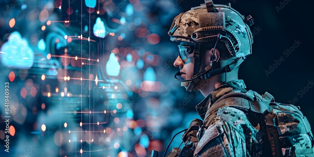 Soldier using IoT cloud panel for military information technology in combat. Concept Military ...