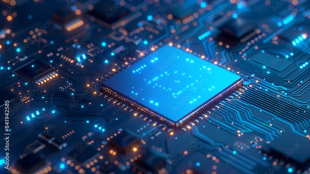 Glowing light blue neon AI chip with thin circuit contact lines. AI ...