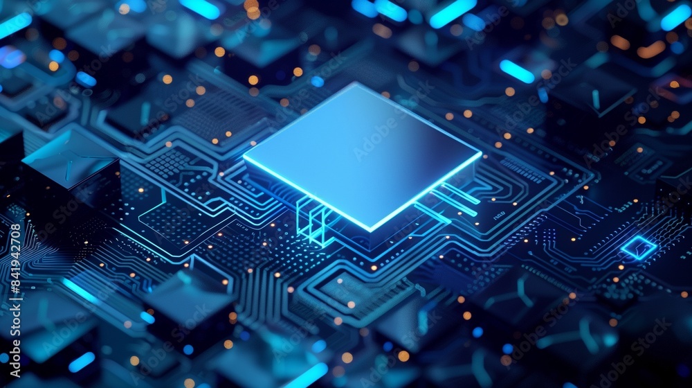 Glowing light blue neon AI chip with thin circuit contact lines. AI ...