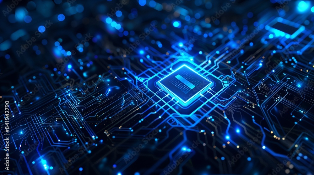 Glowing light blue neon AI chip with thin circuit contact lines. AI ...