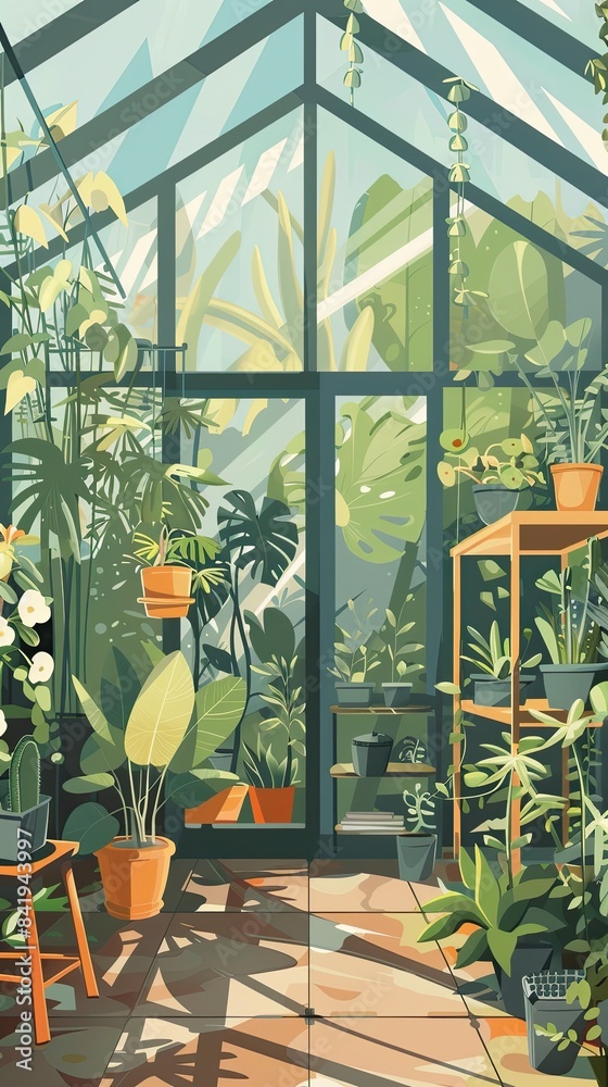 Greenhouse farming flat design side view garden theme water color ...