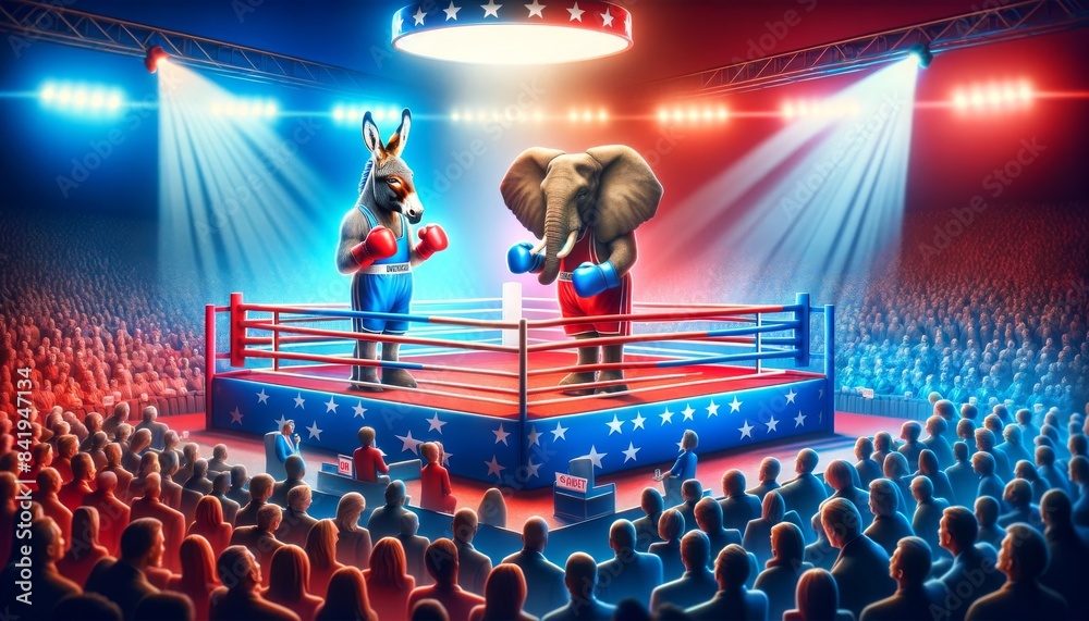Political Rivals in the Boxing Ring Elephant vs. Donkey wearing gloves ...