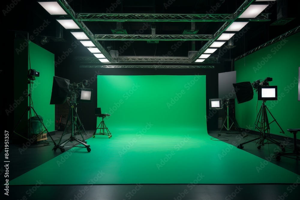 Professional green screen setup in a photography studio with lights and ...