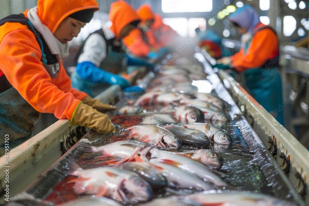 A fish sorting process on a conveyor belt at an aquaculture facility ...