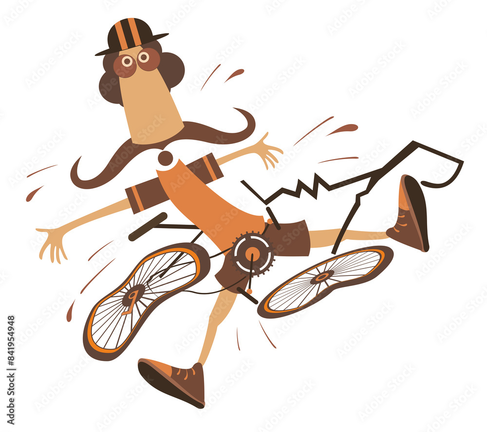 Cyclist man falling down from the bicycle. Cartoon long mustache ...