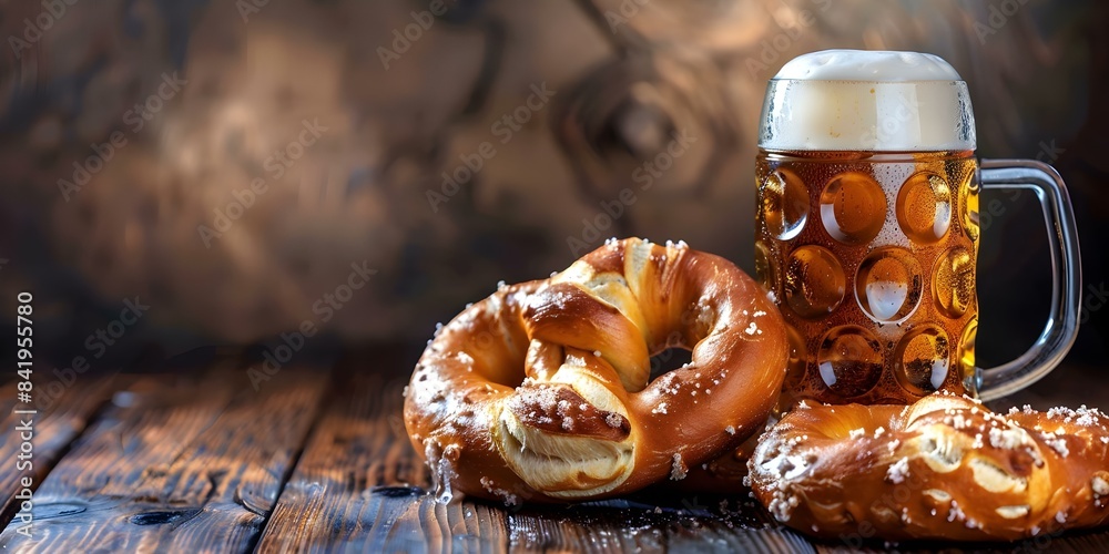 Traditional Bavarian pretzel and beer stein on rustic wooden background ...