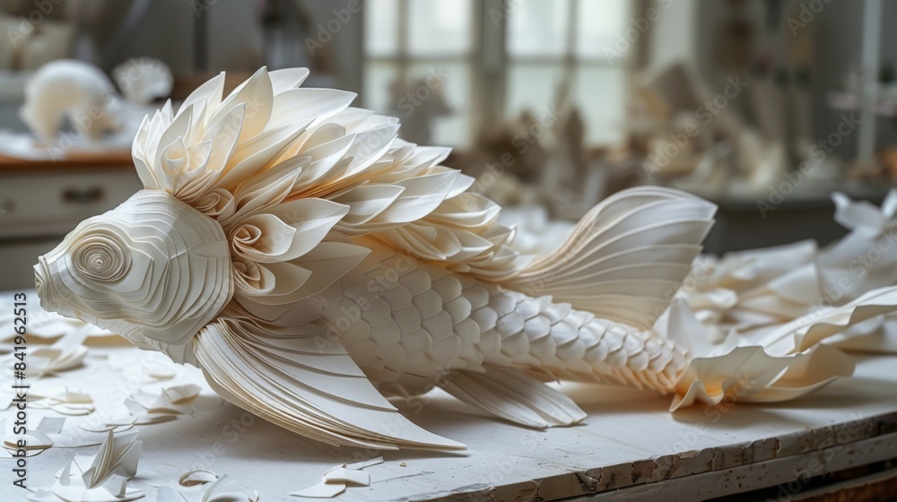 Intricate paper sculpture of a fish with detailed scales and fins ...