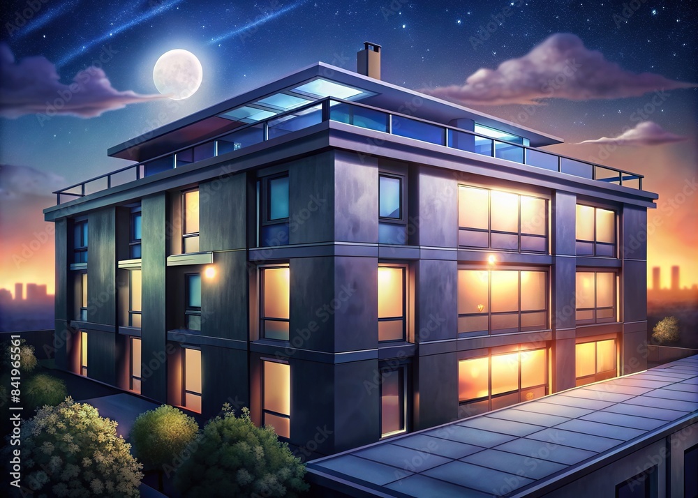 Modern apartment building with flat roof and solar panels for energy ...