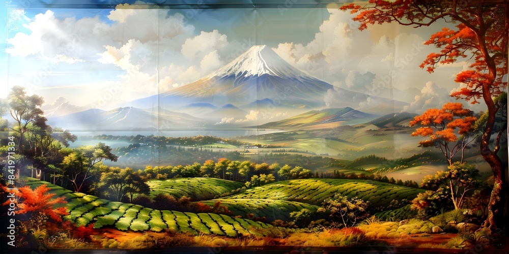 Japanese traditional painting of a vast green tea farm with Mt Fuji ...