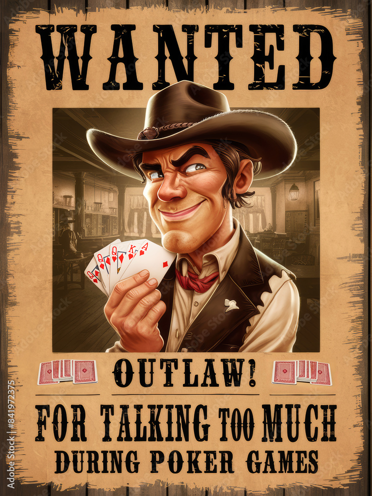 A wanted poster features a smirking cowboy with playing cards, accused ...