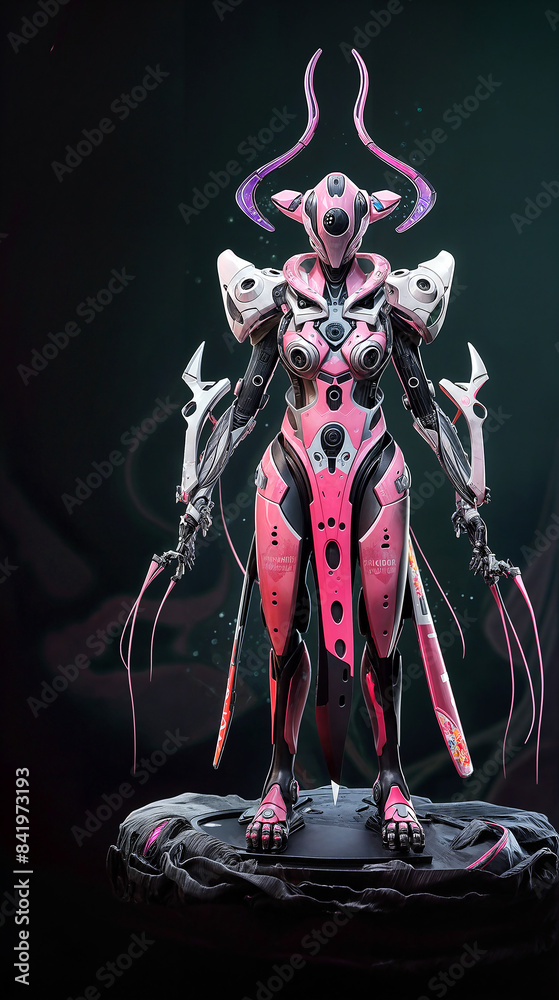 biomechanical humanoid mecha with a pink color scheme. It has a sleek ...