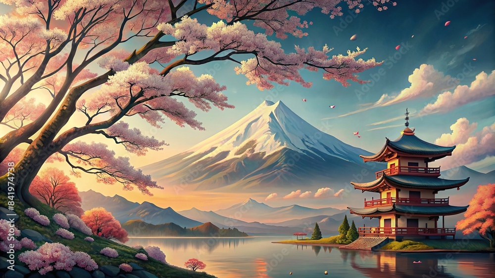 Traditional Japanese landscape with cherry blossom sakura tree ...