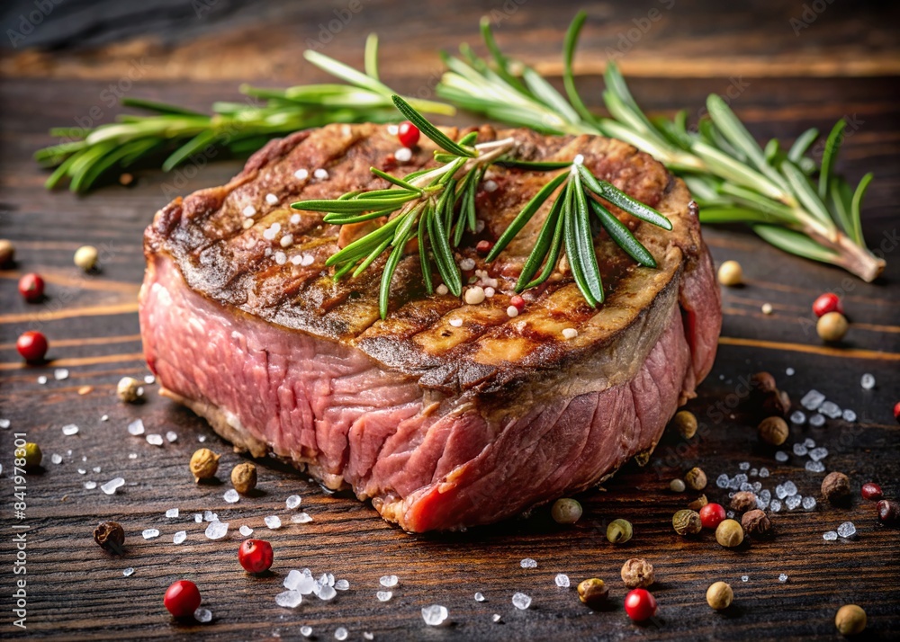 Beef ribeye steak seasoned with herbs, spices, and rosemary cooked to ...