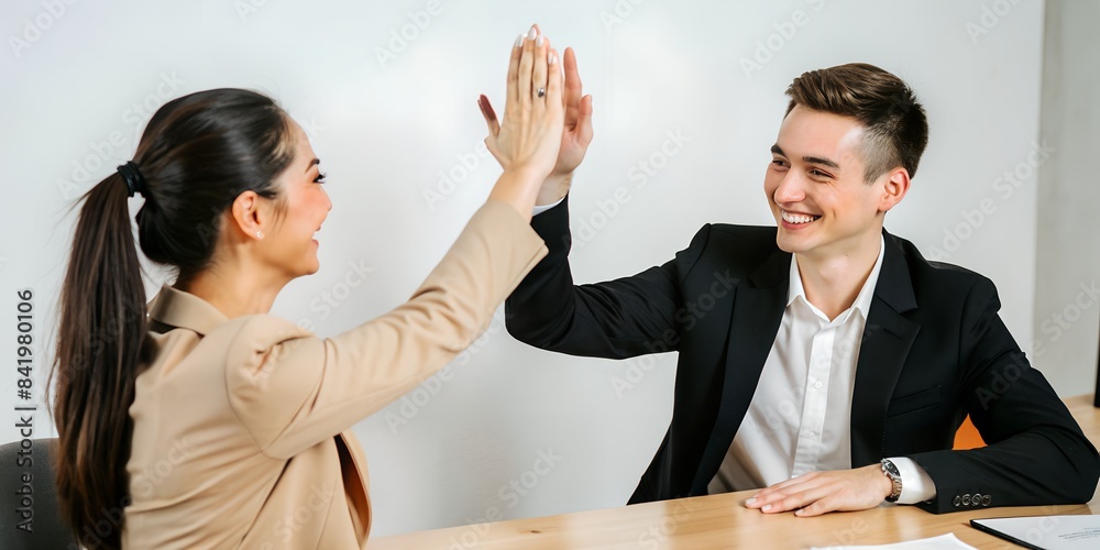 Businesswoman giving a high five to the colleague in meeting room ...